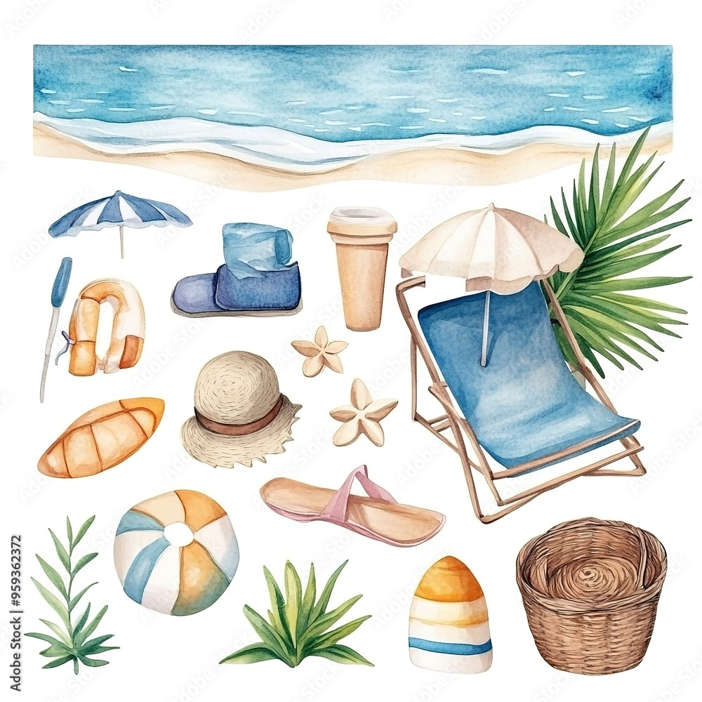 Cartoon beach clipart set, watercolor style cartoon illustration ...