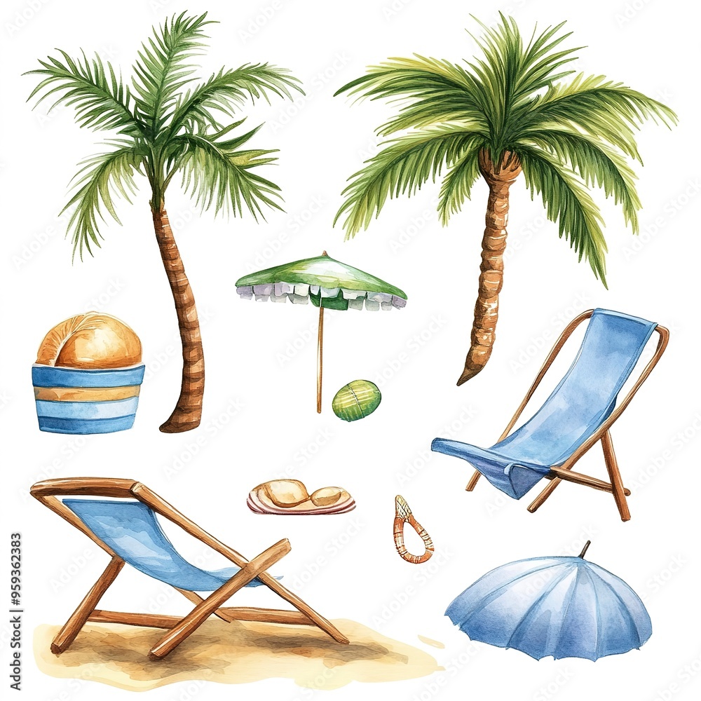 Cartoon beach clipart set, watercolor style cartoon illustration ...