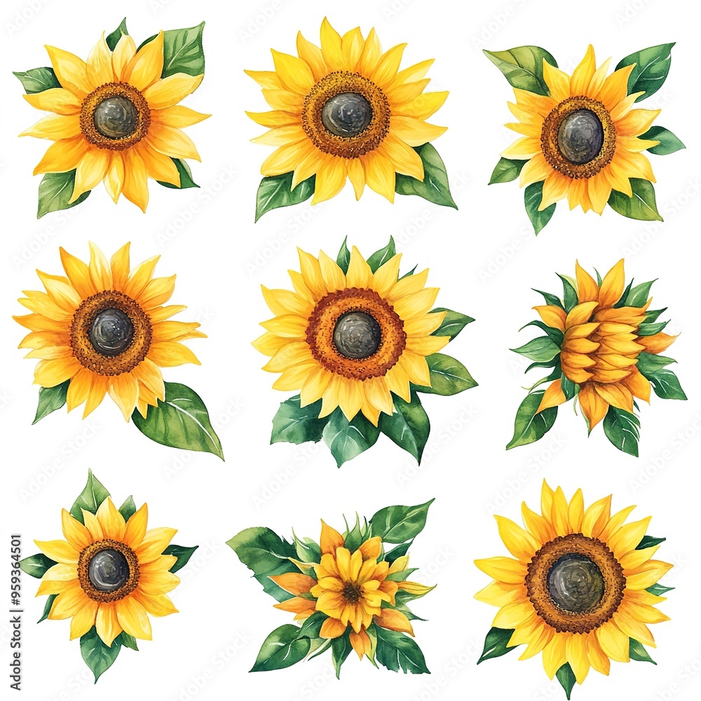 Sunflowers clipart set, flowers illustration in watercolor style ...