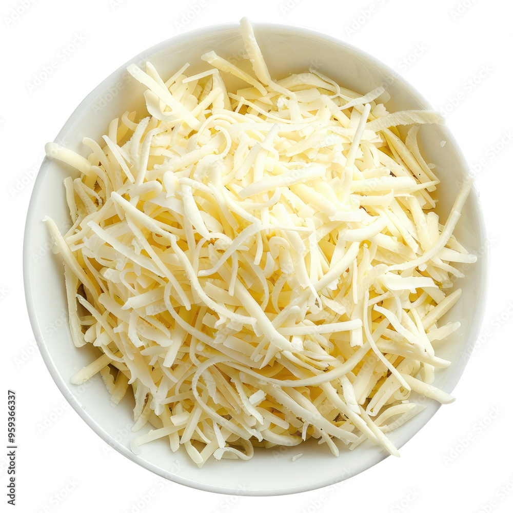 Mozzarella cheese shredded in a white bowl top view isolated on ...