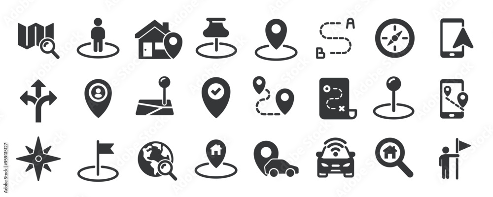 Navigation glyph solid icons collection. Containing GPS, map, location, route. Minimal icon and ...