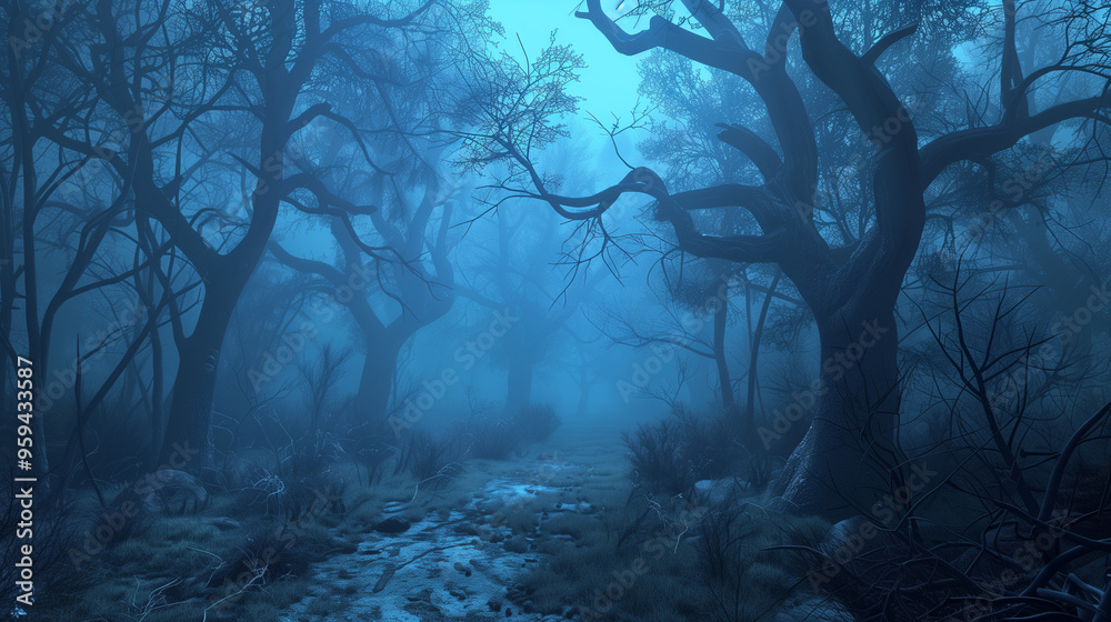 Pathway leading through a haunted forest at night, tall trees with bare ...