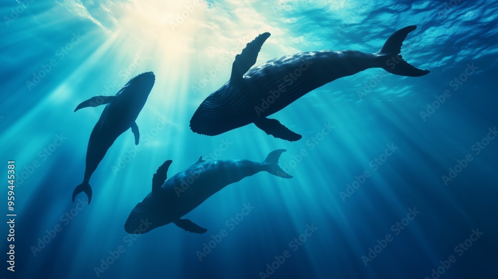 Three humpback whales gracefully swimming in the deep ocean as rays of ...