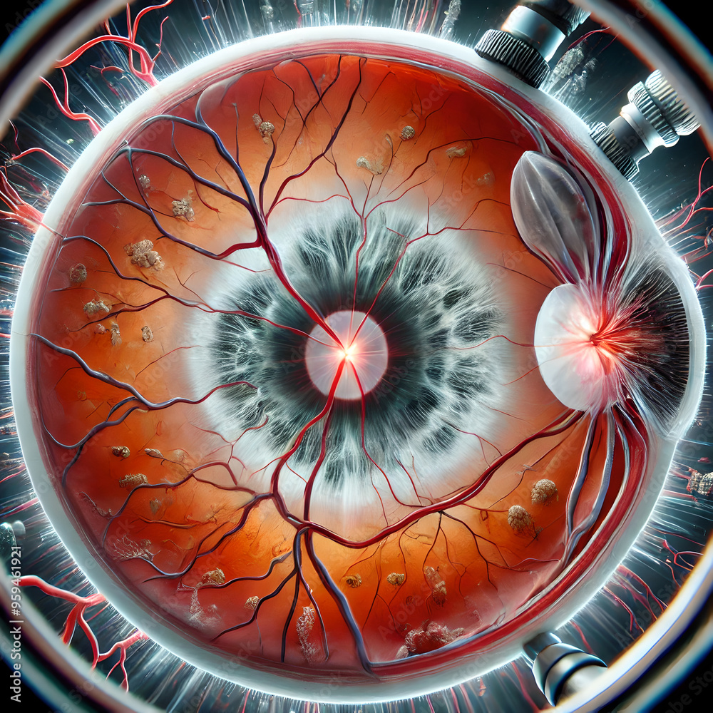 Ilustración de Stock Eye anatomy: 3D image of a retinal examination ...