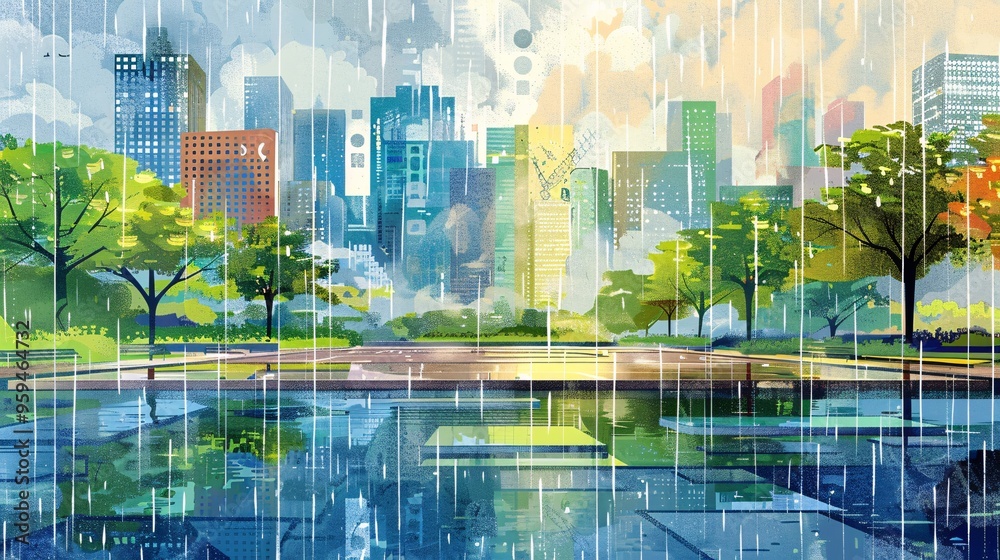 07250736 79. Artistic 2D cityscape with a public garden designed in ...