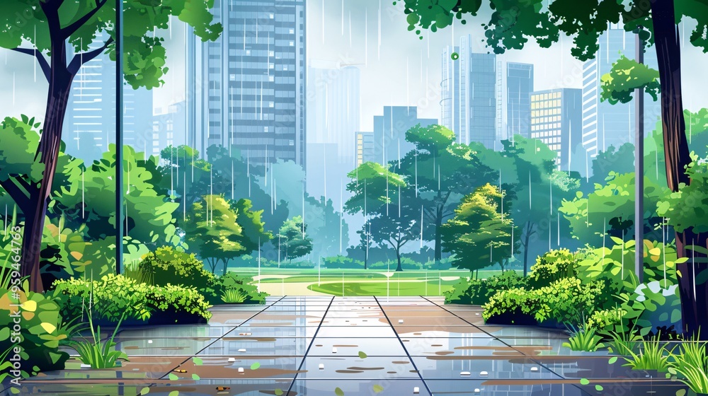 07250736 80. Contemporary 2D illustration of a city with a public ...