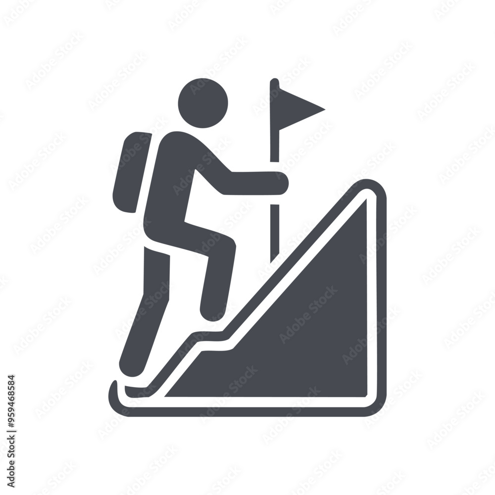 Goal success icon. Man climbing mountain peak with flag. Symbolic ...