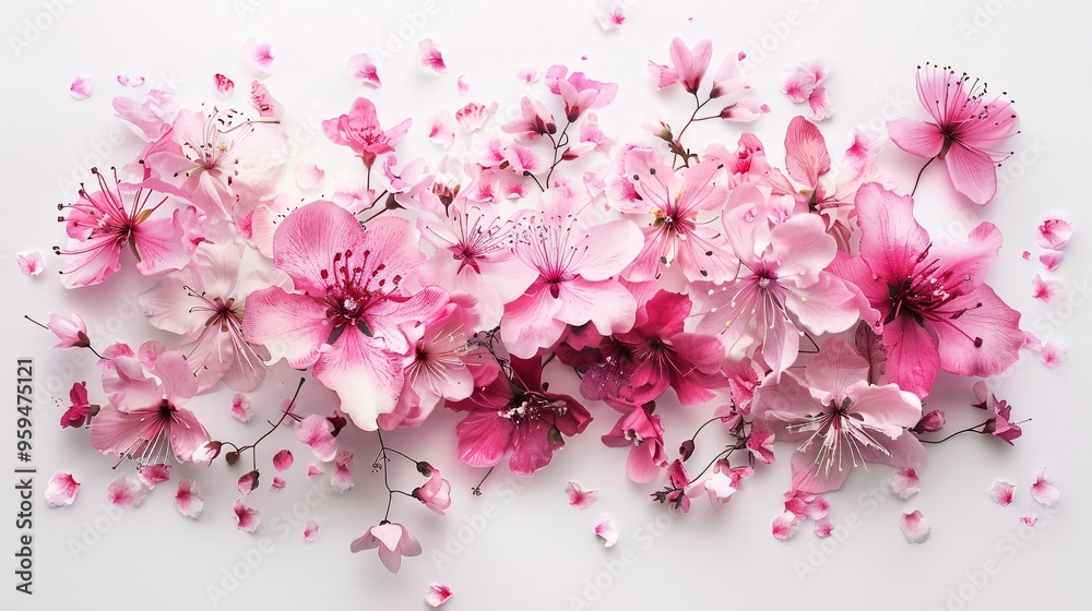 07250736 232. An artistic arrangement of pink flowers on a white ...