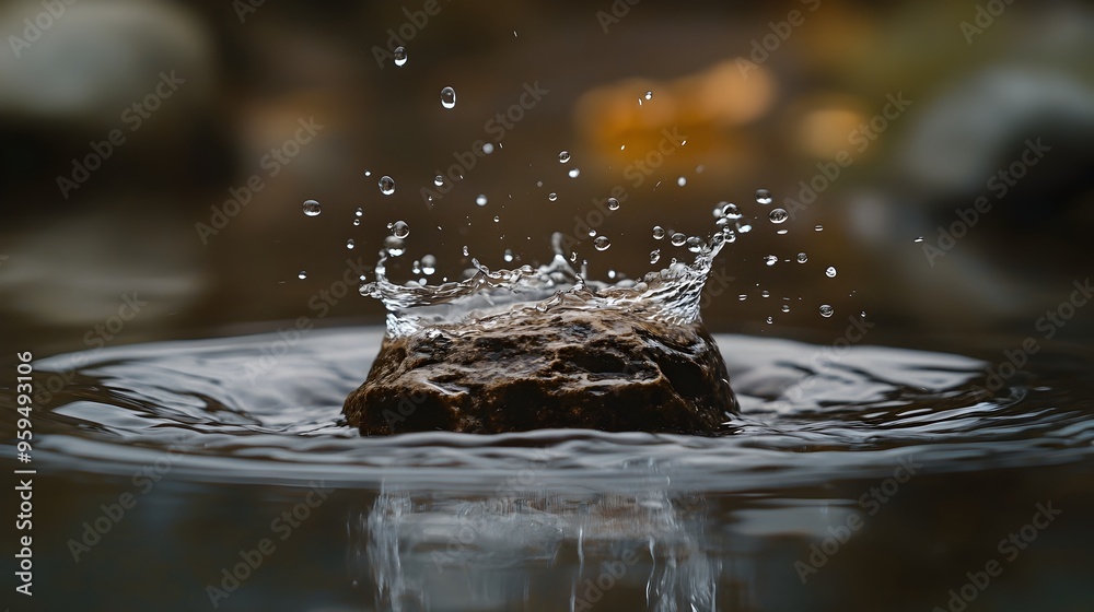 Powerful splash of water captured as a rock hits the surface of a ...