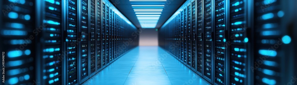 A modern data center featuring rows of sleek server racks illuminated ...
