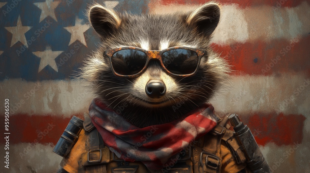 Raccoon Wearing Tactical Gear and Sunglasses with American Flag ...