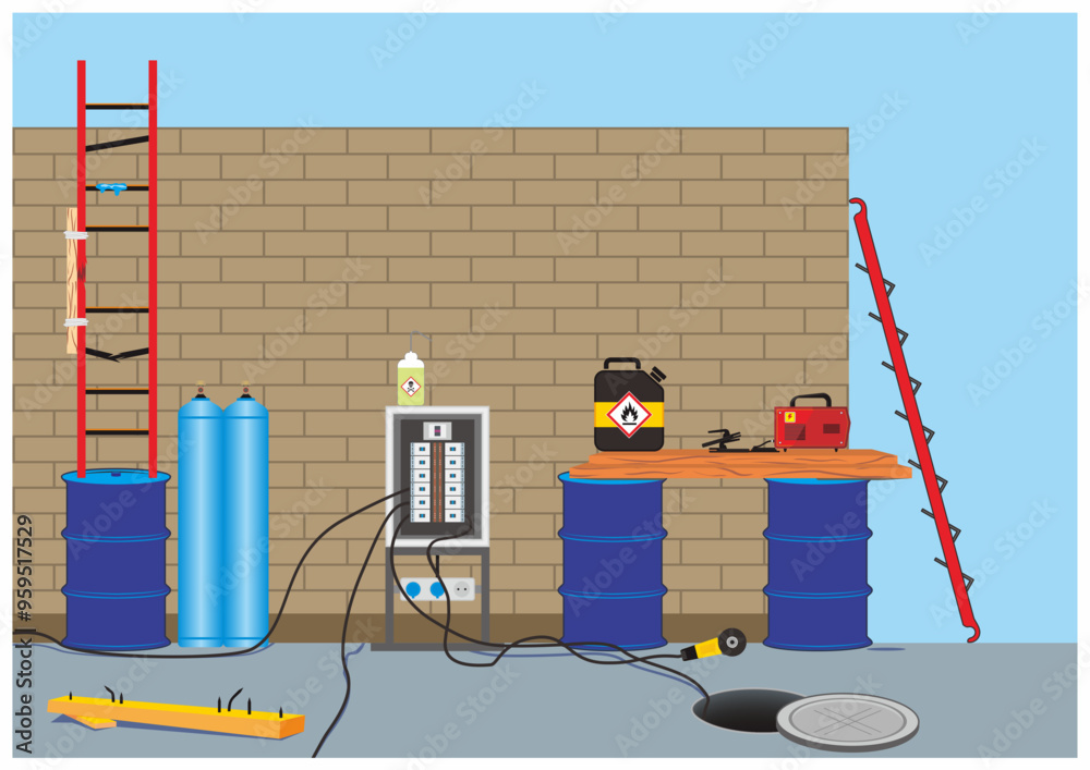 Safety hazard in the workplace vector illustration. Unsafe condition in ...