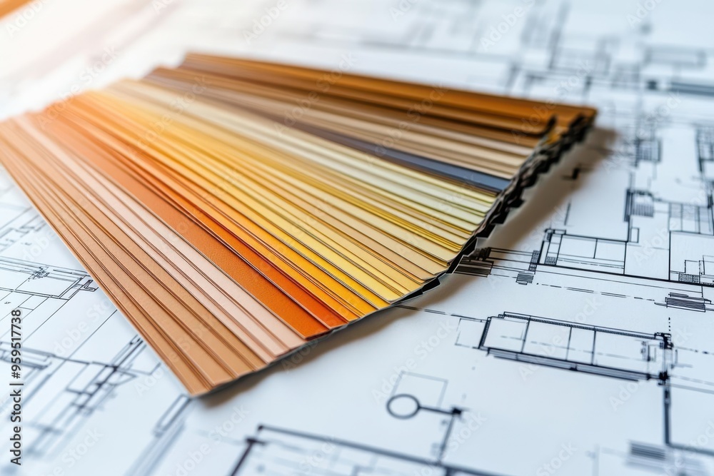 Photorealistic close-up of paint swatches resting on a designer s table ...