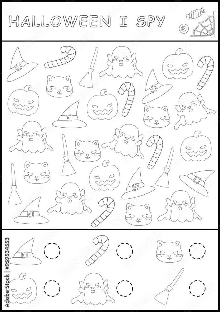 Vetor do Stock Halloween printable worksheet in black and white. I spy ...