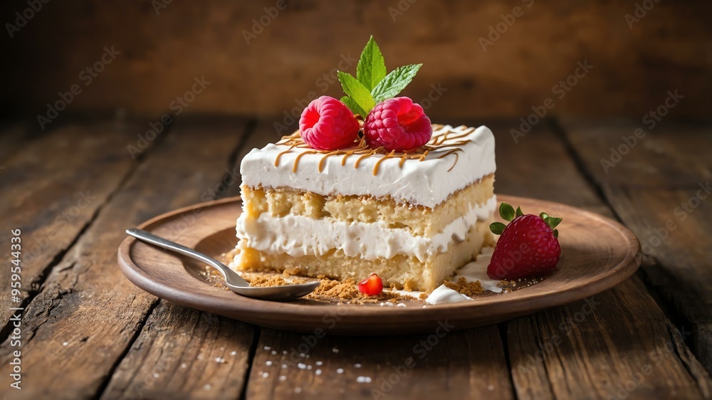mexican desserts dish tres leches cake isolated on an aesthetic plating ...
