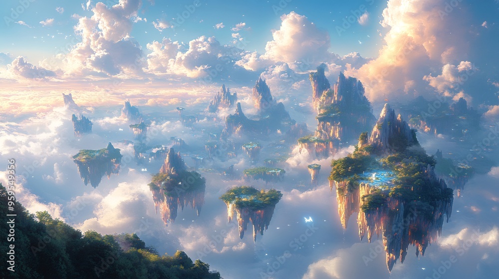 Whimsical fantasy world floating islands and magical creatures Stock ...