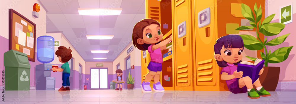 Kids in school corridor during break reading books and putting things ...