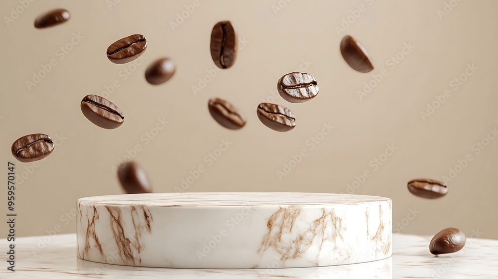 Many brown coffee beans flying drop falling on marble concrete podium ...