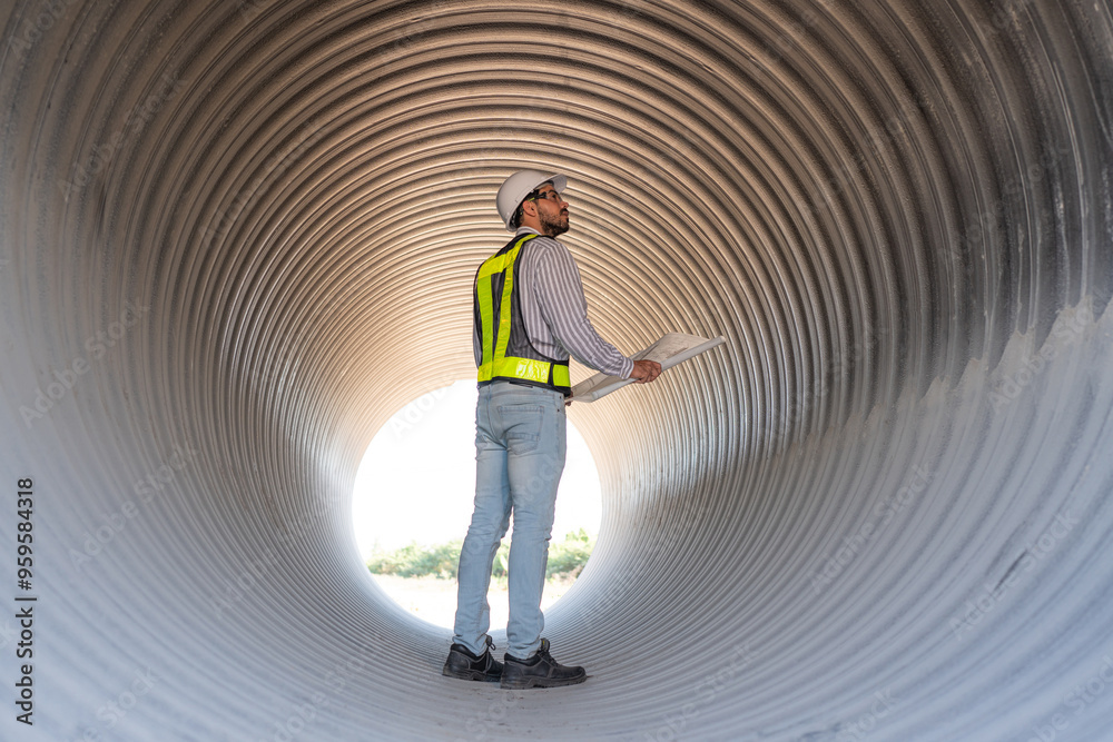 Young mechanical engineer holding blueprint drawing to checking and ...