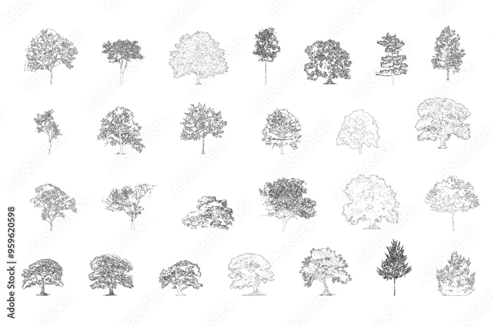Minimal style cad tree line drawing, Side view, set of graphics trees elements outline symbol ...