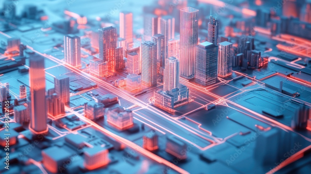 An abstract visualization of digital twin technology, featuring a 3D ...