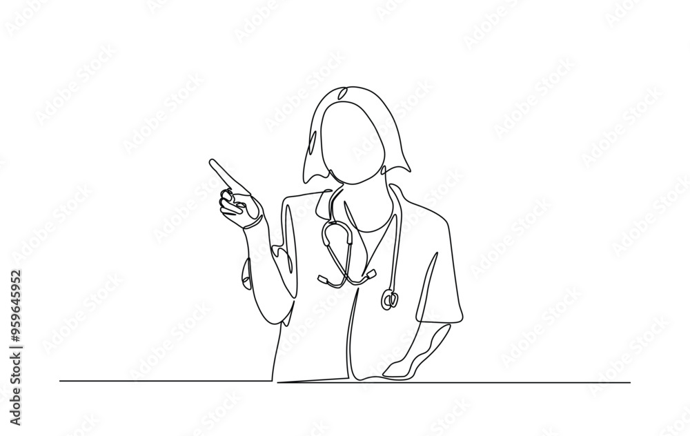 One continuous line drawing female doctor with stethoscope. Health care ...