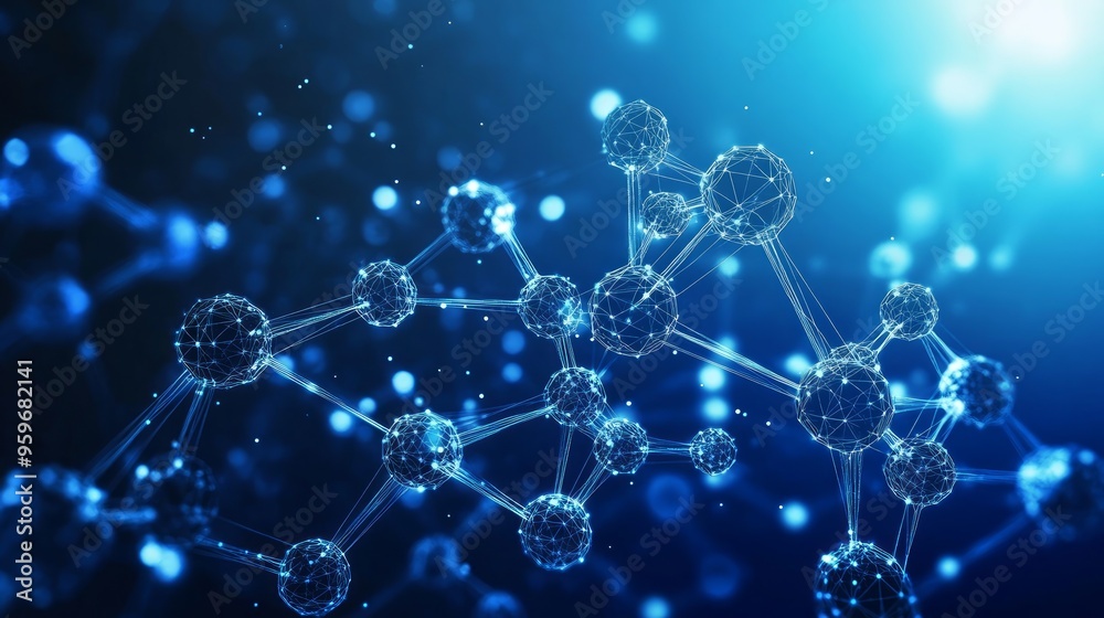 Abstract model of molecule low poly wireframe on blue background ...
