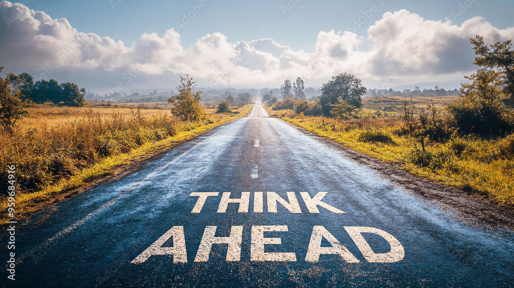 Open road with 'Think Ahead' marked, stretching into the distance ...