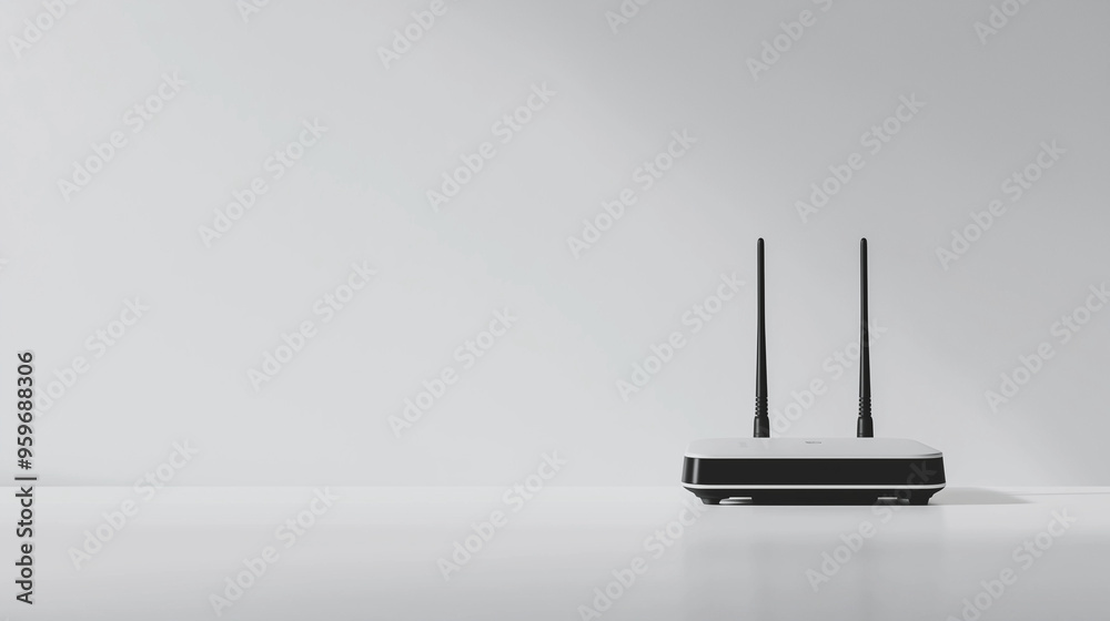 minimalist black and white depiction of a Wi-Fi router with an antenna ...