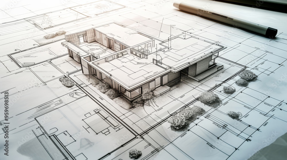 Detailed architectural blueprint of a modern house, showcasing floor ...