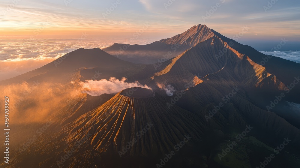 Aerial perspective of the iconic twin volcanoes of Mount Semeru and ...