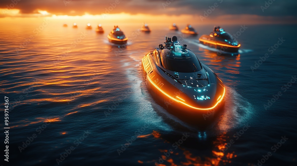 Autonomous AIpowered ships sailing across oceans, representing a future ...