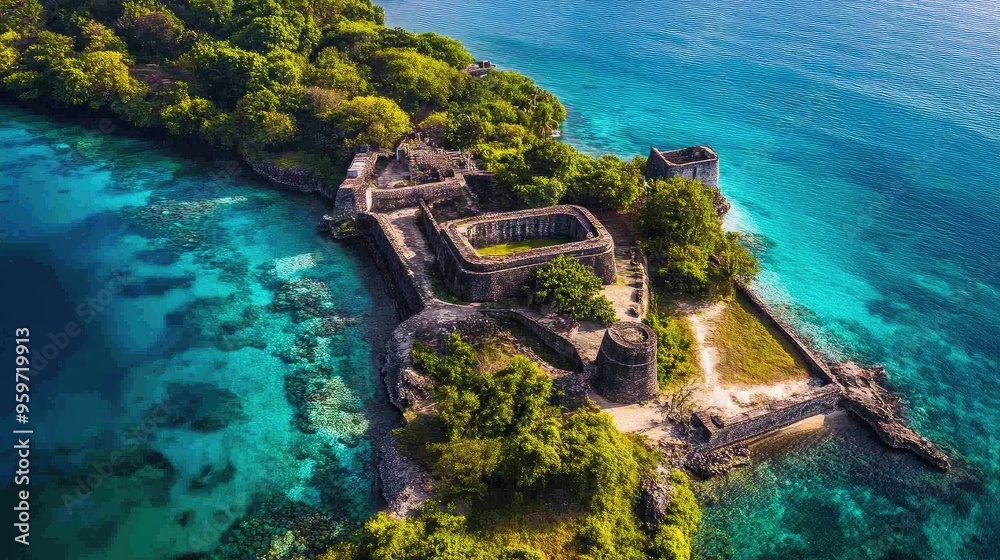 Bird's eye view of the Banda Islands, with their historic forts, clear ...