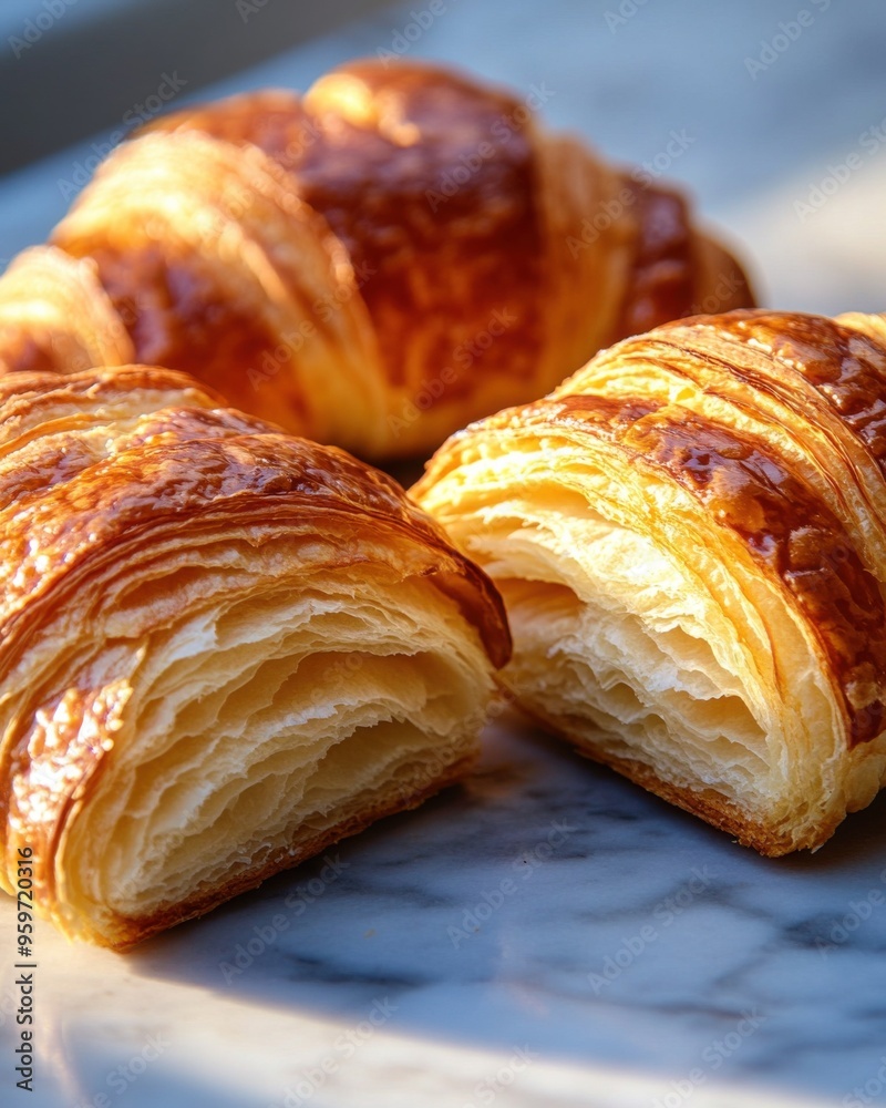 Golden Croissant Delight: A close-up shot of three golden croissants ...