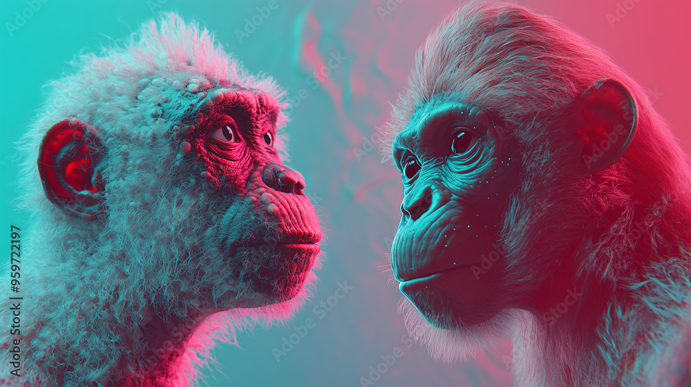 Digital 3D art of two ape-like creatures facing each other in vivid ...