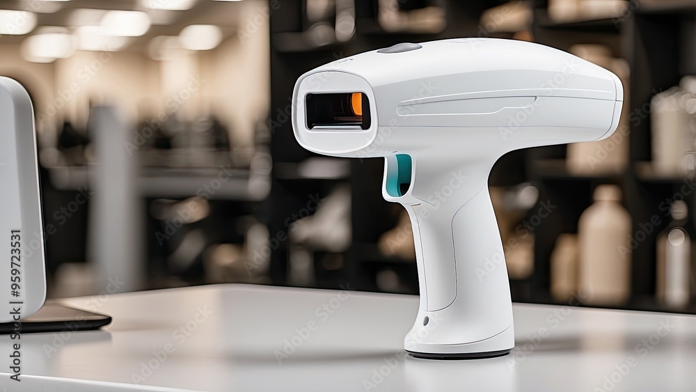 Ergonomic white handheld barcode scanner, combining a minimalist design with advanced scanning ...