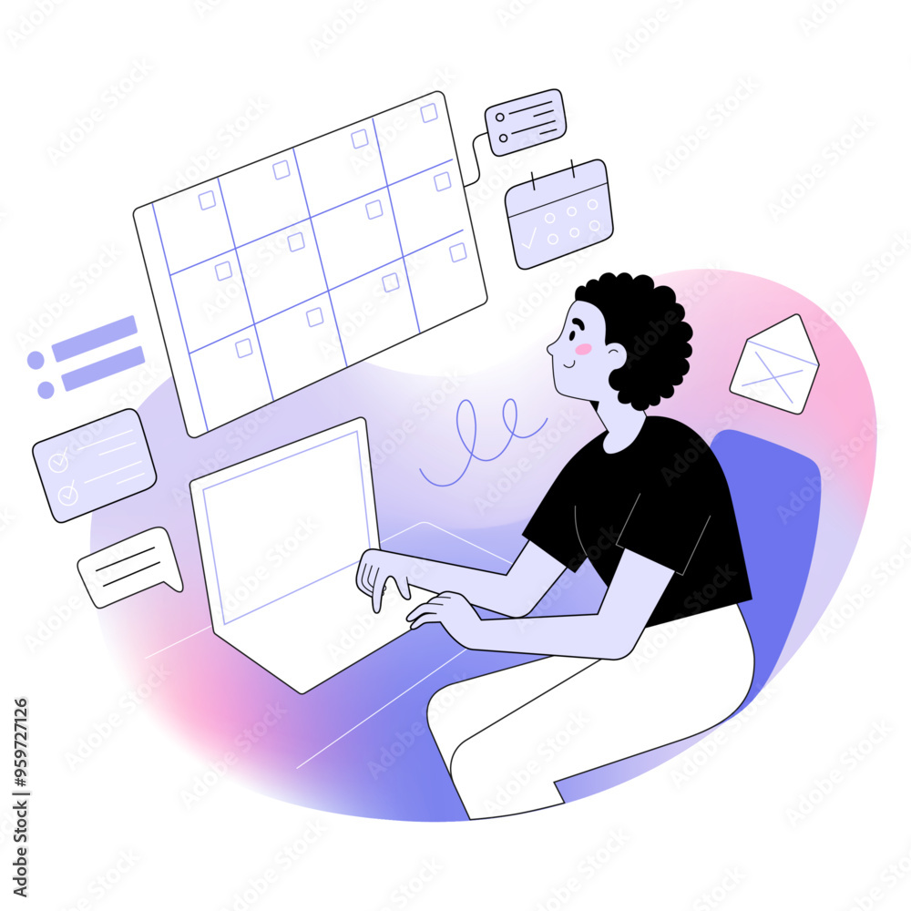 Person works on a laptop, using a task manager software, virtual workspace, surrounded by ...