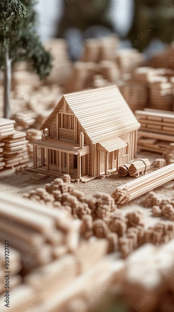 Miniature portrait of a house frame being built with piles of wood ...