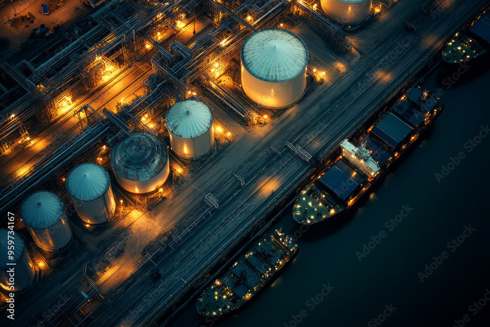 Aerial view of oil storage tanks and fuel stacked in port terminal at ...