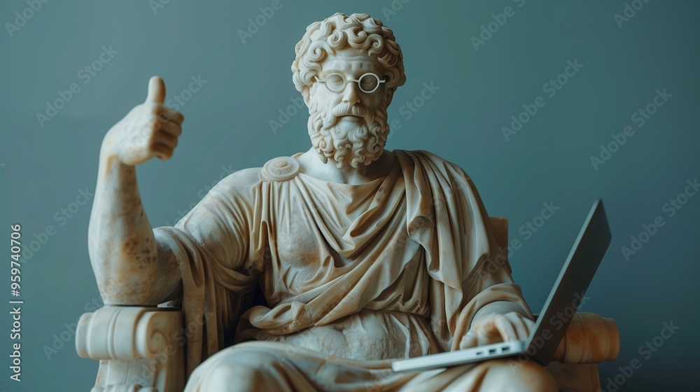Statue of ancient greek philosopher wearing glasses and using laptop ...