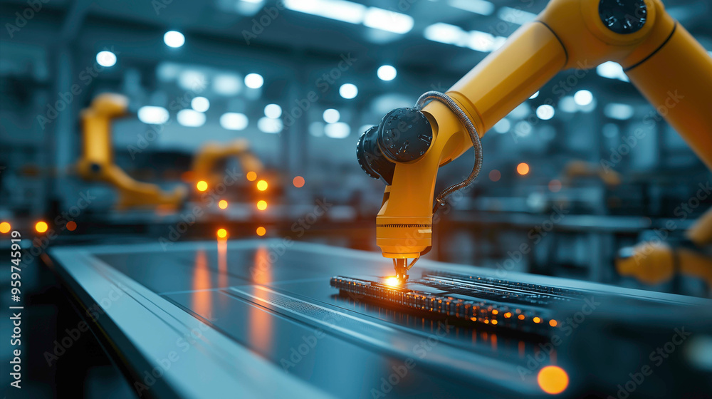 Robotic arms working on a high-tech assembly line, showcasing advanced automation in ...