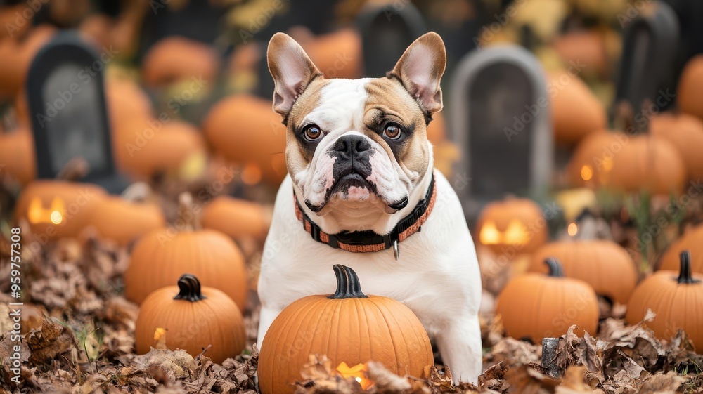 Bulldog in a haunted graveyard, with pumpkins flickering around, dog ...