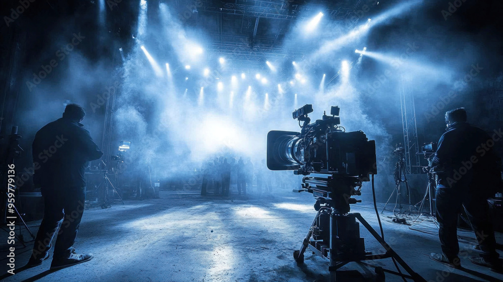 Film making process with the production team preparing a complex scene ...