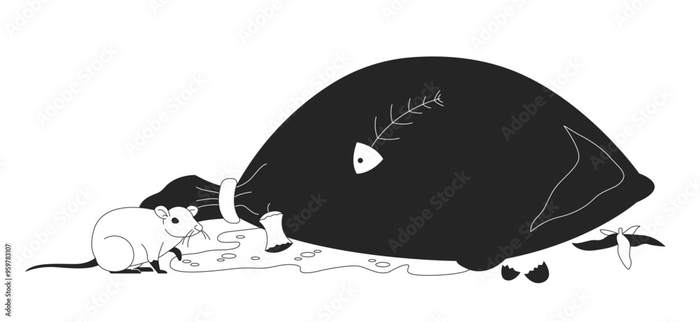 Trash bag with leftovers and rat black and white 2D line object ...
