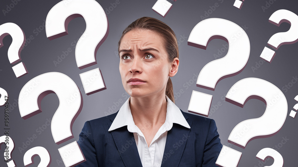 Businesswoman in a suit looking confused and uncertain with numerous ...