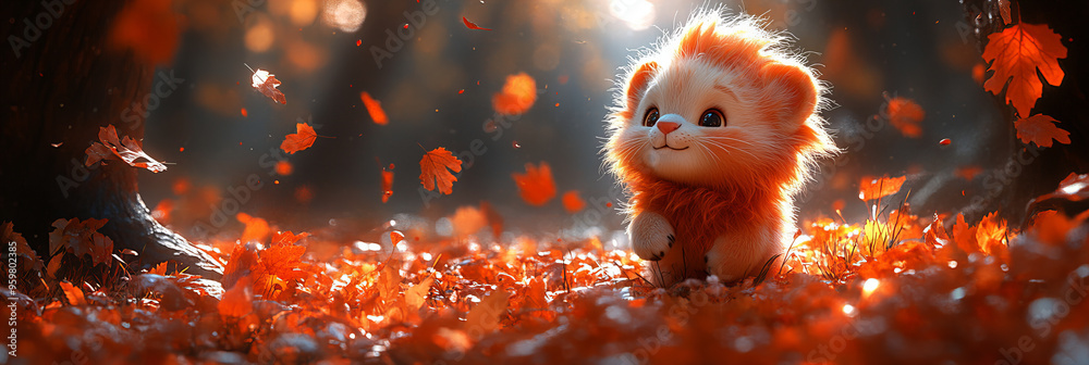 Adorable baby lion sitting among autumn leaves in animated style, warm ...