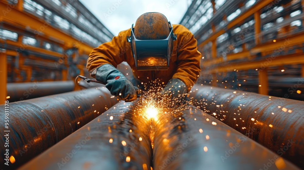 Welders working on a line of large gas pipelines, with sparks flying in ...