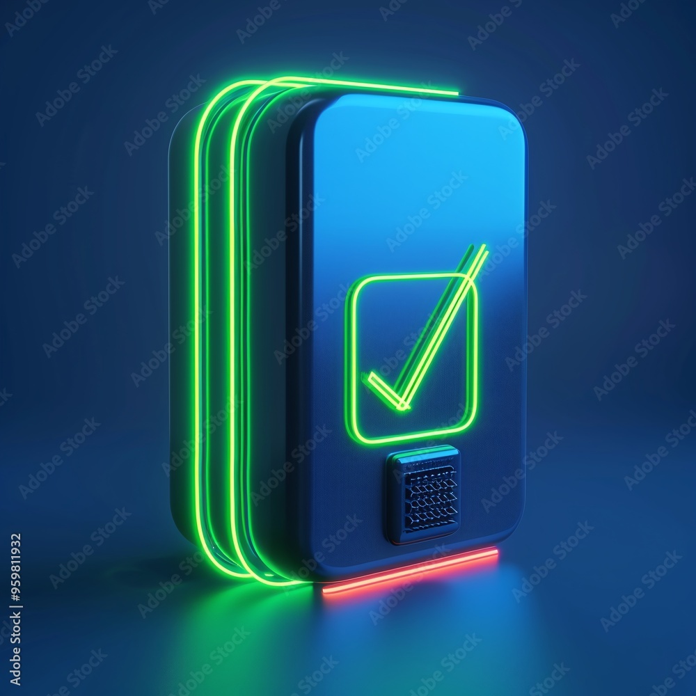 Futuristic neon security device illustration with a checkmark symbol ...