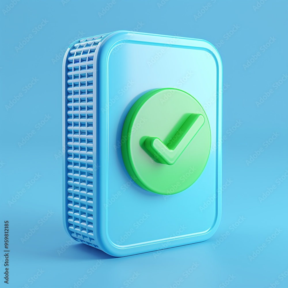 Minimalist blue and green 3D checkmark icon illustration on blue ...