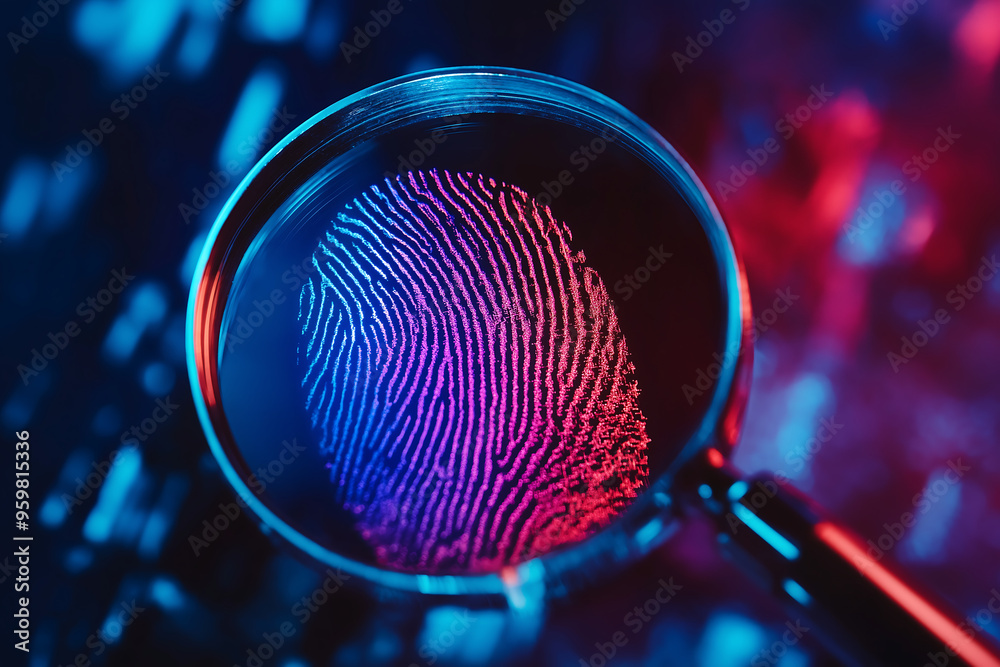 Magnifying glass on fingerprint, digital forensics, crime investigation ...